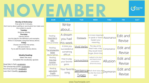 Monthly Reading and Writing Calendars
