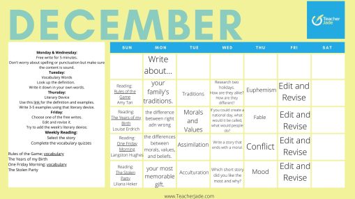 Monthly Reading and Writing Calendars