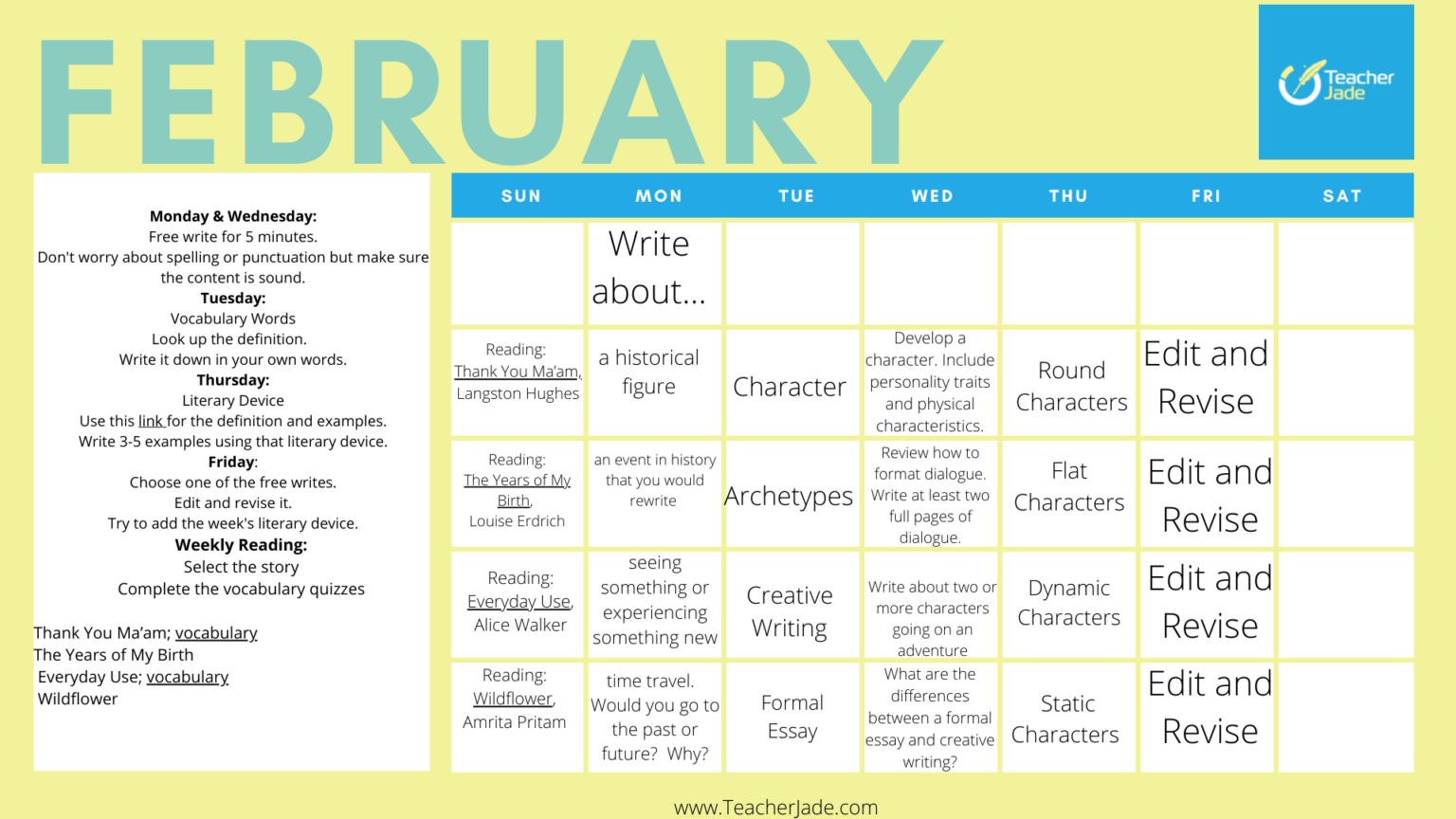 Monthly Reading and Writing Calendars