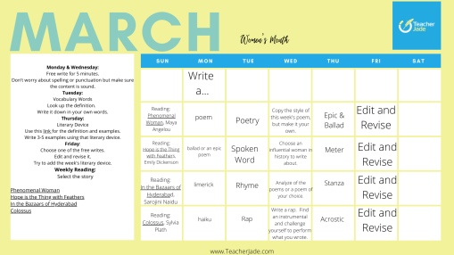 Monthly Reading and Writing Calendars