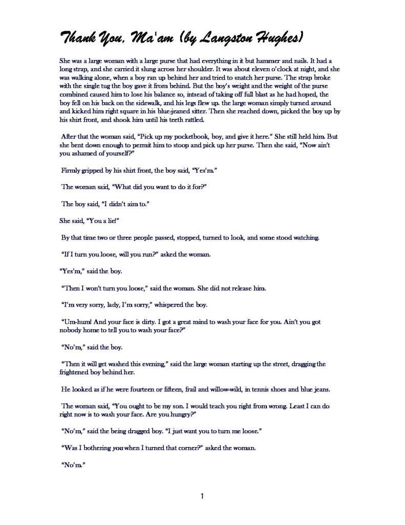 Thank You Ma’am Langston Hughes